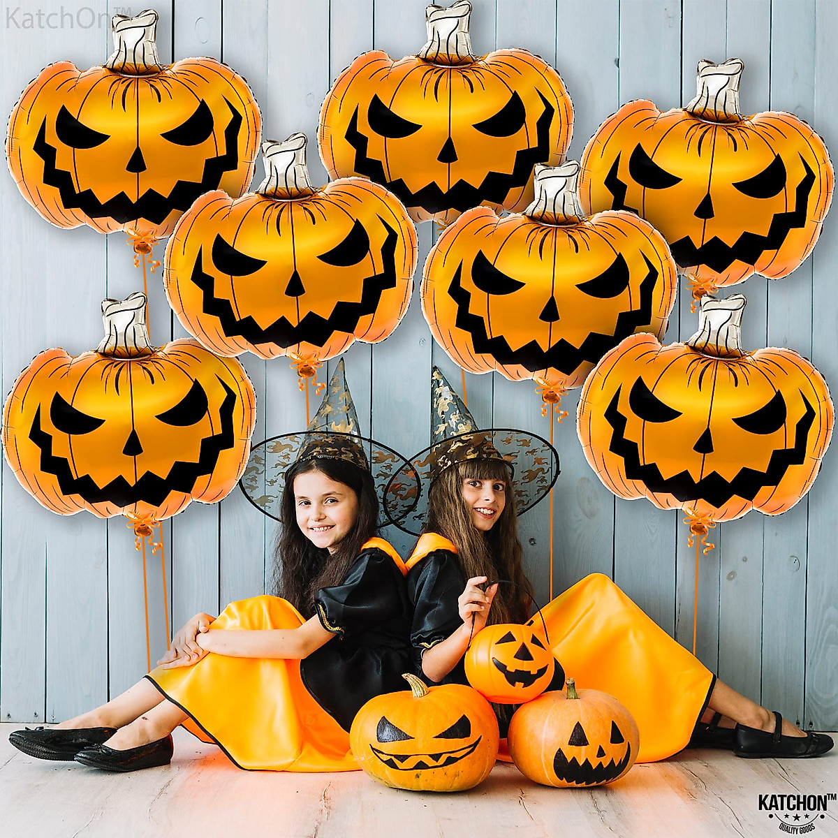 KatchOn, Scary Halloween Pumpkin Balloons - 25 Inch, Pack of 10 | Large Fall Leaf Balloons - 27 Inch, Pack of 6 | Pumpkin Foil Balloons, Fall Balloons for Thanksgiving Decorations | Halloween Balloons
