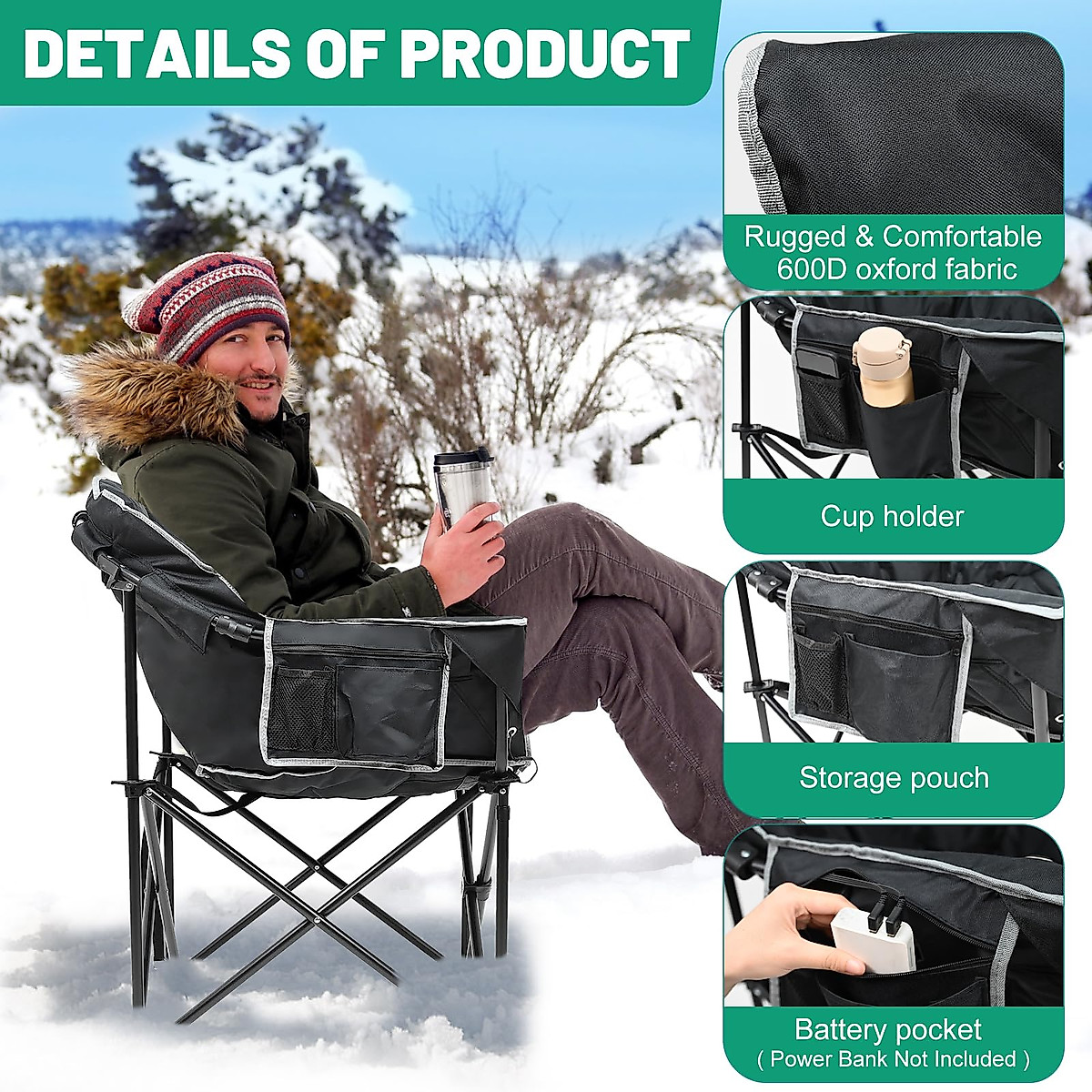 LILYPELLE Oversized Heated Camping Chair Heats Back and Seat, Padded Cushion Outdoor Folding Chairs Patio Lounge Chair Heating Chair for Outdoor Sports, Camping, Lounge Patio, and Picnics