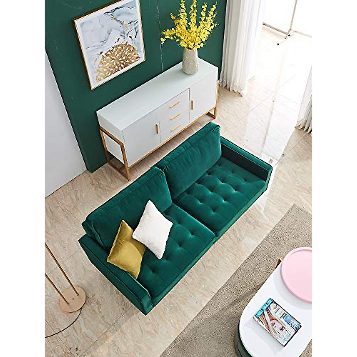 JULYFOX Emerald Green Velvet Fabric Sofa Couch, 70 inch Wide Mid Century Modern Living Room Couch 700lb Heavy Duty with 2 Throw Pillows