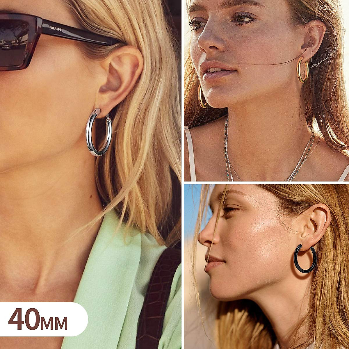 FOCALOOK Hoop Earrings Black Stainless Steel 40mm Chunky Round Cirlcle Endless Hoops for Women