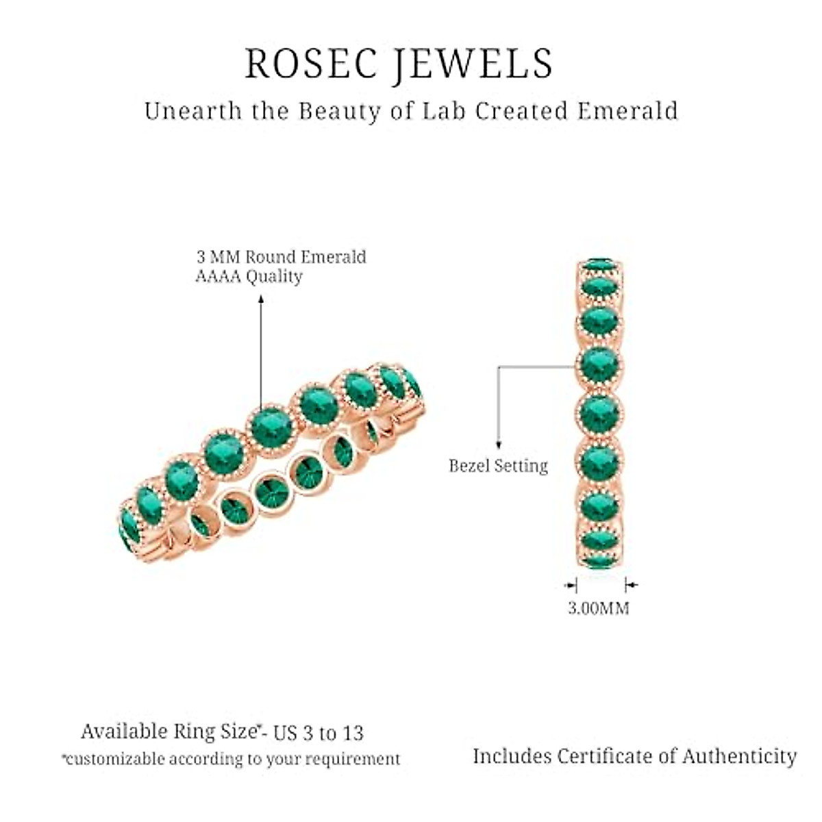 Certified Lab Grown Emerald Full Eternity Band, AAAA Quality, Emerald Wedding Ring for Women- Ready to Gift, 14K Rose Gold, Size:US 7.50