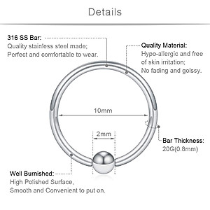 SCERRING 12PCS 20G 10mm Nose Hoop Lip Eyebrow Tongue Helix Tragus Cartilage Septum Piercing Ring - Mix Color 1#