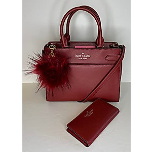 Kate Spade New York Staci MD Satchel bundled with matching Slim Bifold Wallet and Fur Pom (Red Currant)