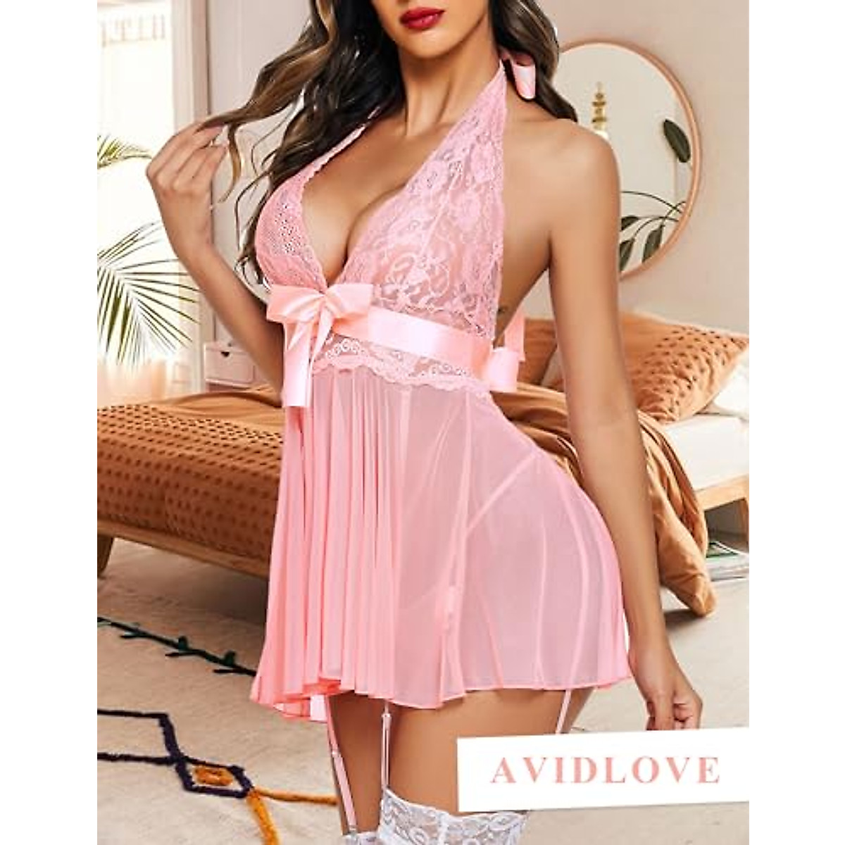 Avidlove Women's Babydoll Lingerie Halter Sexy Chemise with Garter Exotic Nightgown Peach XS