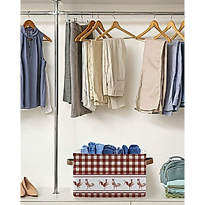 Farmhouse Rooster Storage Bins 1 Pack, Large Waterproof Storage Baskets for Shelves Closet, Rustic Farm Animals Red White Plaid Storage Basket Foldable Storage Box Cube Storage Organizer with Handles