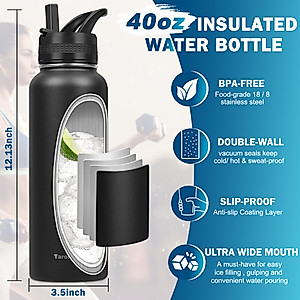 Water Bottle, 40 oz Insulated Water Bottle (Cold for 48 Hrs, Hot for 24 Hrs) - Vacuum Insulated Stainless Steel Water Bottle with Straw & Handle Lid - Wide Mouth, BPA Free, Leak Proof, Black