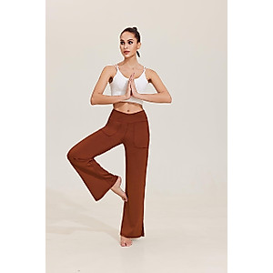 PINSPARK Womens Wide Leg Pants Cross High Waist High Stretch Dress Pants with 2 Pockets Elegant Side Slit for Yoga Casual Work WineRed