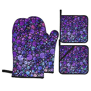 Purple Circles Oven Mitts and Pot Holders Set Heat Resistant Oven Gloves Flexible for Kitchen Cooking Baking Grilling Microwave