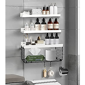 DABIGE Wall Mounted Floating Shelves, 3 Sets Wood Bathroom Shelves with Wire Storage Basket & Hooks, Farmhouse Floating Shelf for Wall Decor, Bedroom, Living Room, Kitchen, Plants, Books – White