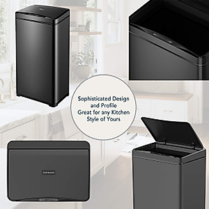 CozyBlock Automatic Trash Can for Kitchen, Black Steel Touchless Motion Sensor Bin, Wide Opening Soft Close Lid, LED Countdown Timer (13 Gallon)