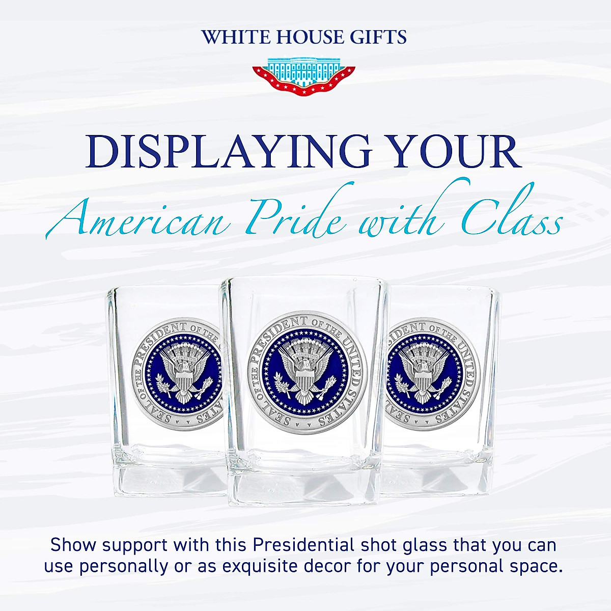 White House Gifts: Presidential Seal Square Shot Glass (1.5 oz) - Shot Glasses with Fine Pewter Casting on Presidential Symbol - Perfect as Souvenir, Collectible, or Man Cave Decor - Made in the USA