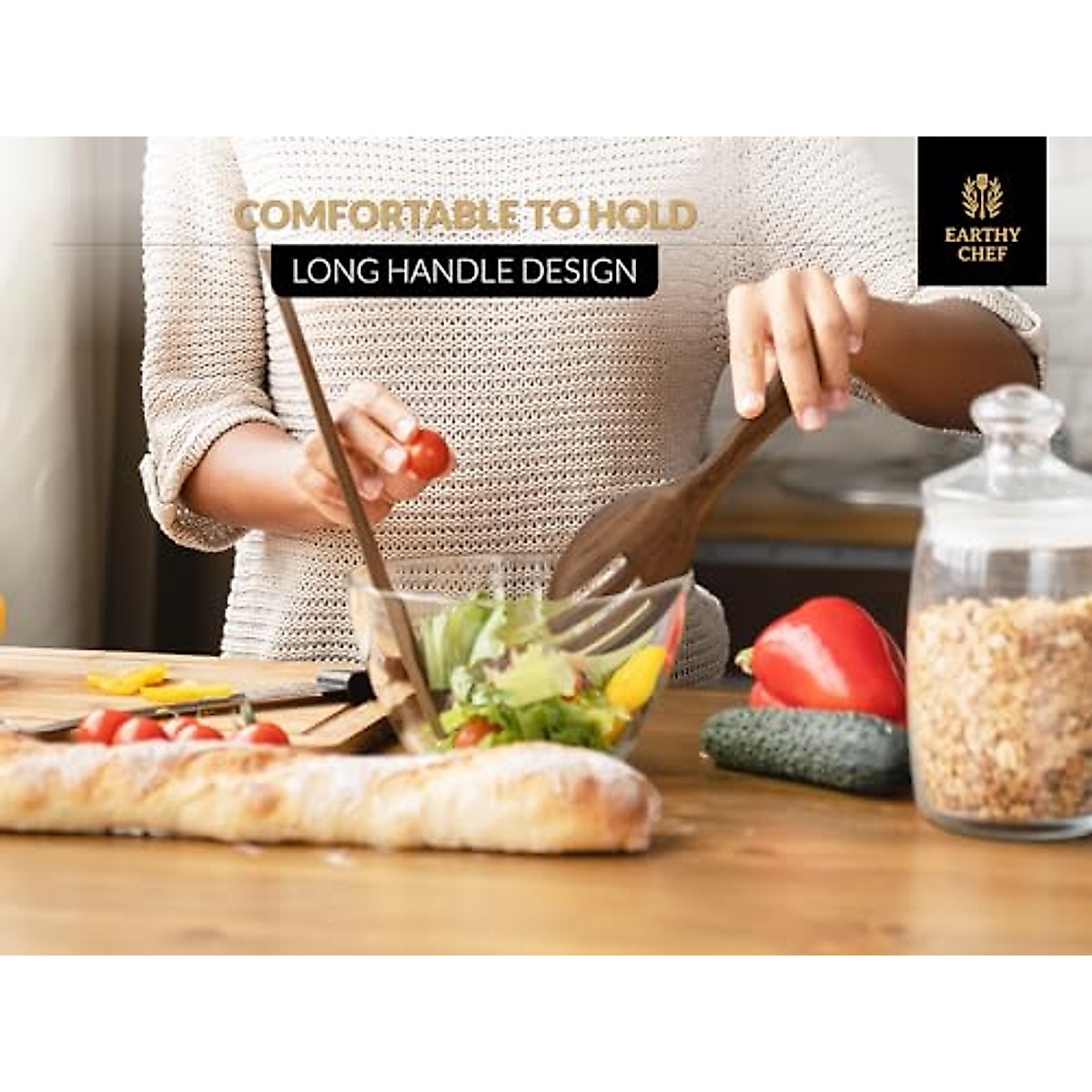 Earthy Chef wooden utensils for cooking - Premium teak kitchen utensil set - Incl. utensil holder and hanging hooks - 9-piece cooking spoon set - Non scratch & Food-grade material