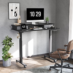 CubiCubi Electric Standing Desk with Double Drawers, 48x24 Inch Height Adjustable Sit Stand Desk with Storage Shelf, Home Office Computer Workstation, Black