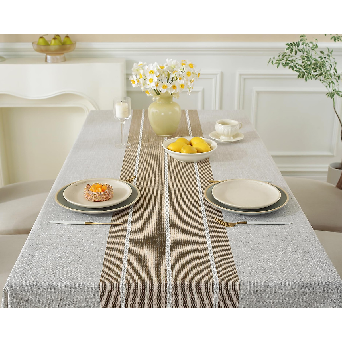 Alsoo Table Cloth Rectangle Table Rustic Waterproof Tablecloth Cotton Linen Wrinkle Free Table Cloths for Parties, Kitchen Dining, Holiday, Christmas, Coffee Lines, 4-6 Seats/55x75 Inches
