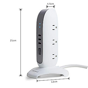 Oviitech Surge Protector Power Strip Tower 5 AC Outlets with 3 USB Charging Ports(3.1A Total), 4 Feet Cord Wire Extension,White and Gray, ETL Listed