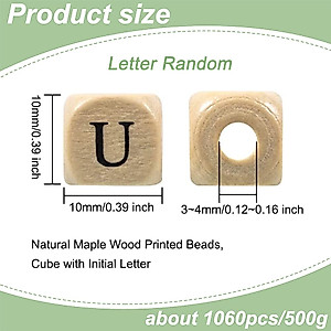 PH PandaHall 1060pcs 10mm Alphabet Wooden Beads Random Natural Square Wooden Beads 3~4mm Hole Wooden Loose Beads with Initial Letter Cube Beads Letter Beads for Jewelry Making and DIY Projects