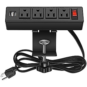 HHSOET Desk Clamp Power Strip, Desktop Power Outlet Clamp Mount with 2 USB Ports, 4 AC Outlets, Mountable Desk Outlet Removable Power Plugs with 6ft Cord.(4AC2USB-Black)