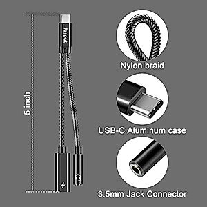 Jasput USB Type C to 3.5mm Headphone and Charger Adapter, 2-in-1 USB C to Aux Audio Jack Hi-Res DAC and Fast Charging Dongle Cable Compatible with Pixel 4 3 XL,Galaxy S22 S21 S20 S20+ Note 20