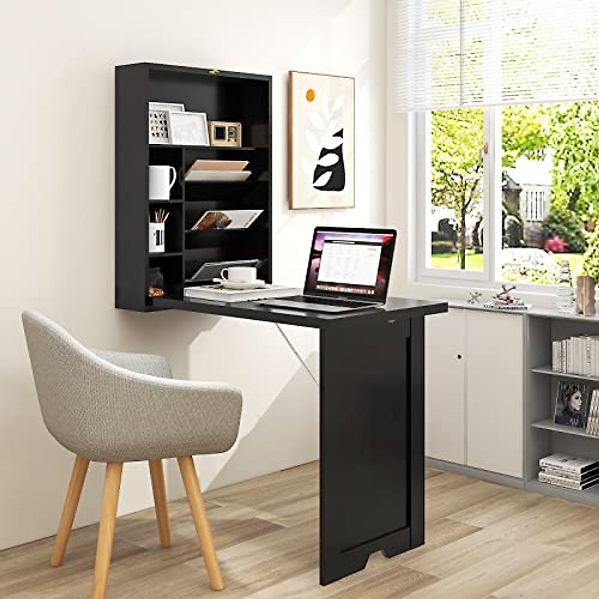 Wall-Mounted Fold-Out Convertible Floating Desk Space Saver, Multi-Function Murphy Desk for Home Office, Space Saving Computer/Hanging Desk, Table with Storage Area