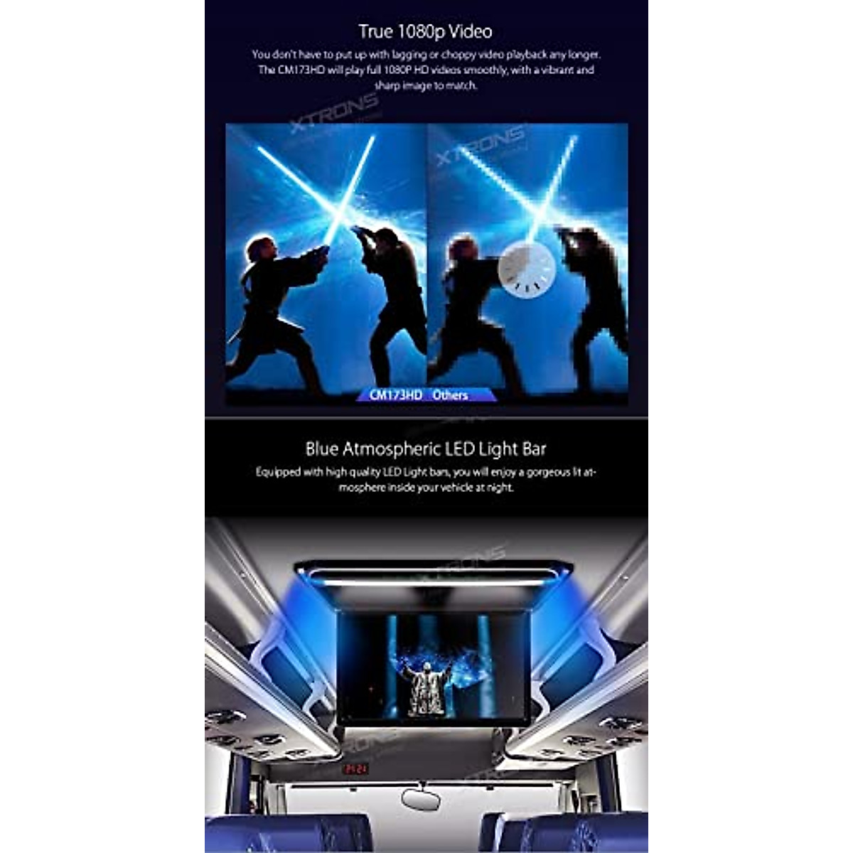 XTRONS® 17.3 Inch 16:9 Ultra-Thin FHD Digital TFT Screen 1080P Video Car Overhead Player Roof Mounted Monitor HDMI Port 1920 * 1080 Full High Definition with New Version Black IR Headphones (No DVD)