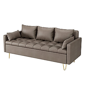 Senfot Faux Leather Sofa Couch 60" W Sofas with Button Tufted Design and Hand Stitched, Heavy Duty Foundation with Gold Metal Legs, Lift-Up Storage and Bolster Pillows in Dark Brown