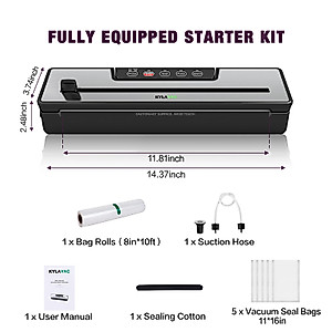 Kylavac Food Vacuum Sealer Machine, Powerful Automatic 8-in-1 for Compact Food Storage Sealer, with Starter Kits and Dry&Wet Saver Modes, Bags and Cutter Included, Sous Vide(Silver)