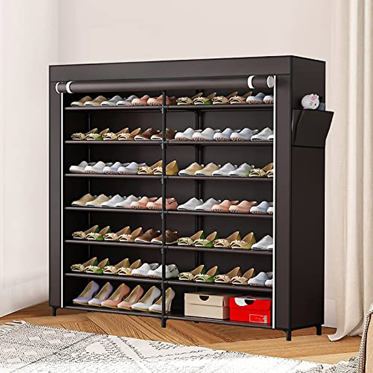 LINZINAR Shoe Rack Storage Organizer 42 Pairs Portable Double Row with Nonwoven Fabric Cover Shoe Cabinet for Closet (7 Tier, Coffee)