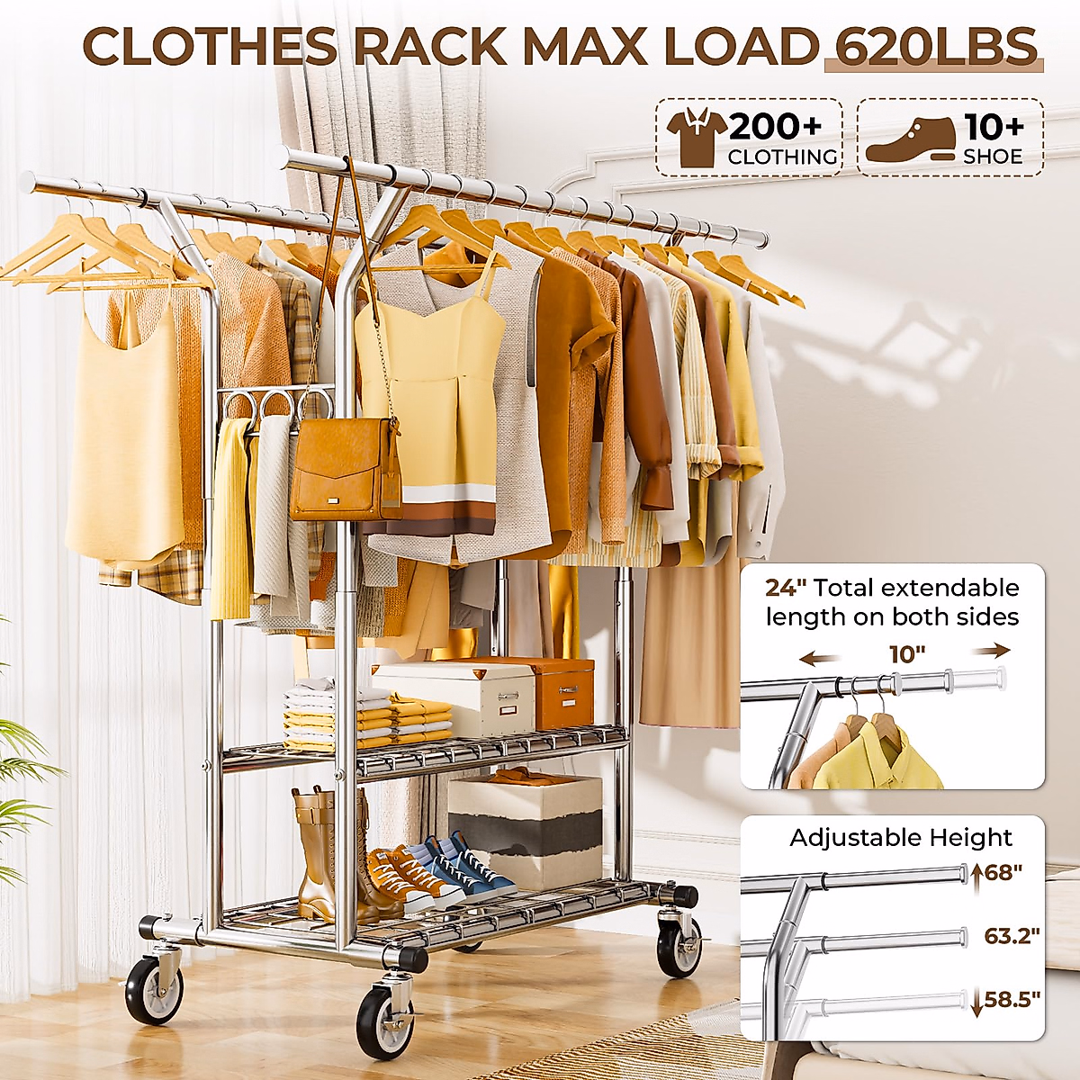 HYSEYY Heavy Duty Clothes Rack, Rolling Clothing Rack With Shelves Load 620 LBS, Double Rod Clothing Racks for Hanging Clothes, Portable& Adjustable Clothes Rack with Wheels Garment Rack