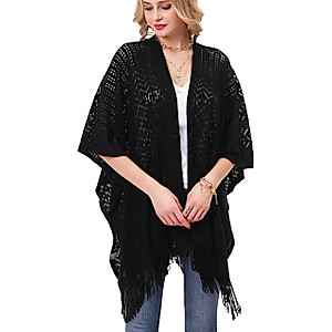 Knit Shawl Wrap for Women - Soul Young Ladies Fringe Knitted Poncho Blanket Cardigan Cape(One Size,Black)
