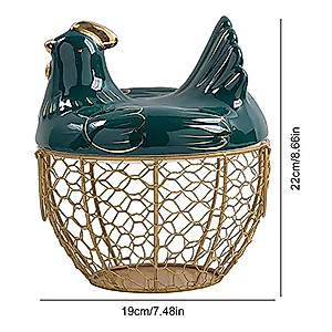 Egg Basket Metal Wire Fruit Basket with Chicken Shape Lid Ceramic Egg Holder, Holds 30 Eggs