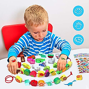 Montessori Educational Wooden Lacing Beads Toys for Toddler 3 4 5 Year Old, Farm Animals Fruits Vegetables Threading Toys Preschool Stringing Fine Motor Skills Toy for Boys Girls [with 3D Stickers]