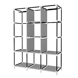 UDEAR Portable Wardrobe Closet Clothes Organizer No-Woven Fabric Cover with 6 Storage Shelves, 2 Hanging Sections and 4 Side Pockets，Grey