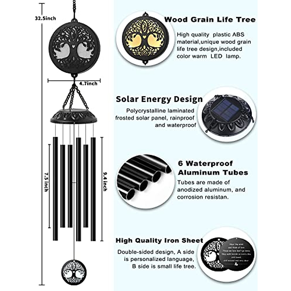 SUNGIRLS Solar Tree of Life Wind Chimes, Memorial Wind Chimes Lost Loved Ones Engraved Tree of Life, Sympathy Wind chimes Gift for Mother, Wife,Grandma Solar Wind Chimes Garden Home Yard Hanging Decor