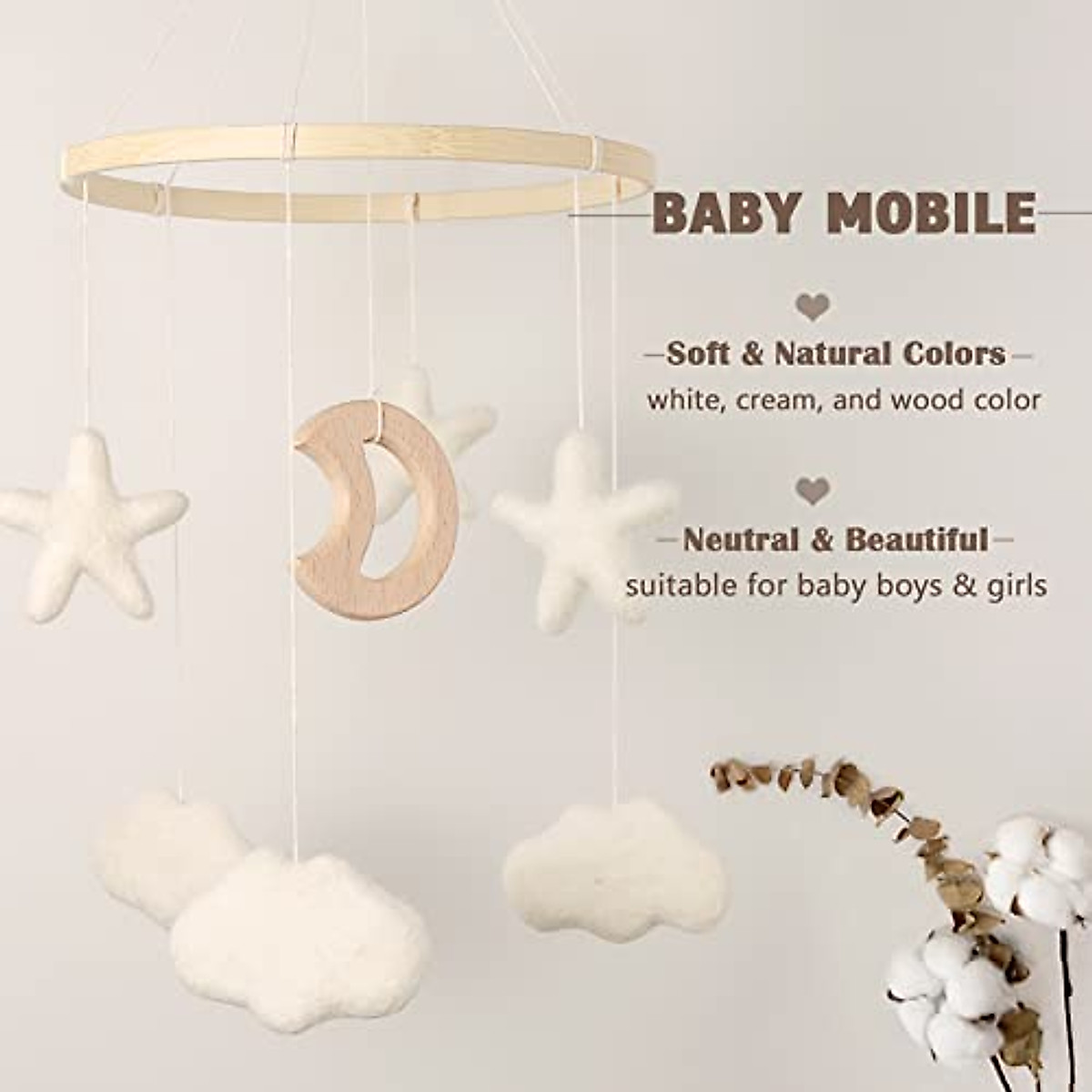 Mobile for Crib - Baby Mobile for Crib - Baby Crib Mobile - Crib Mobile for Girls, Boys - Baby Mobile for Bassinet - Gender Neutral Color Theme - Felt Cloud, Felt Star, Wood Moon