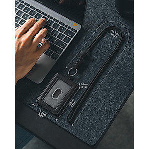 VULKIT ID Badge Holder with Lanyard for Women and Men Vertical Leather Badge Holder with Clear ID Window Card Holder Slot and Money Pocket Black