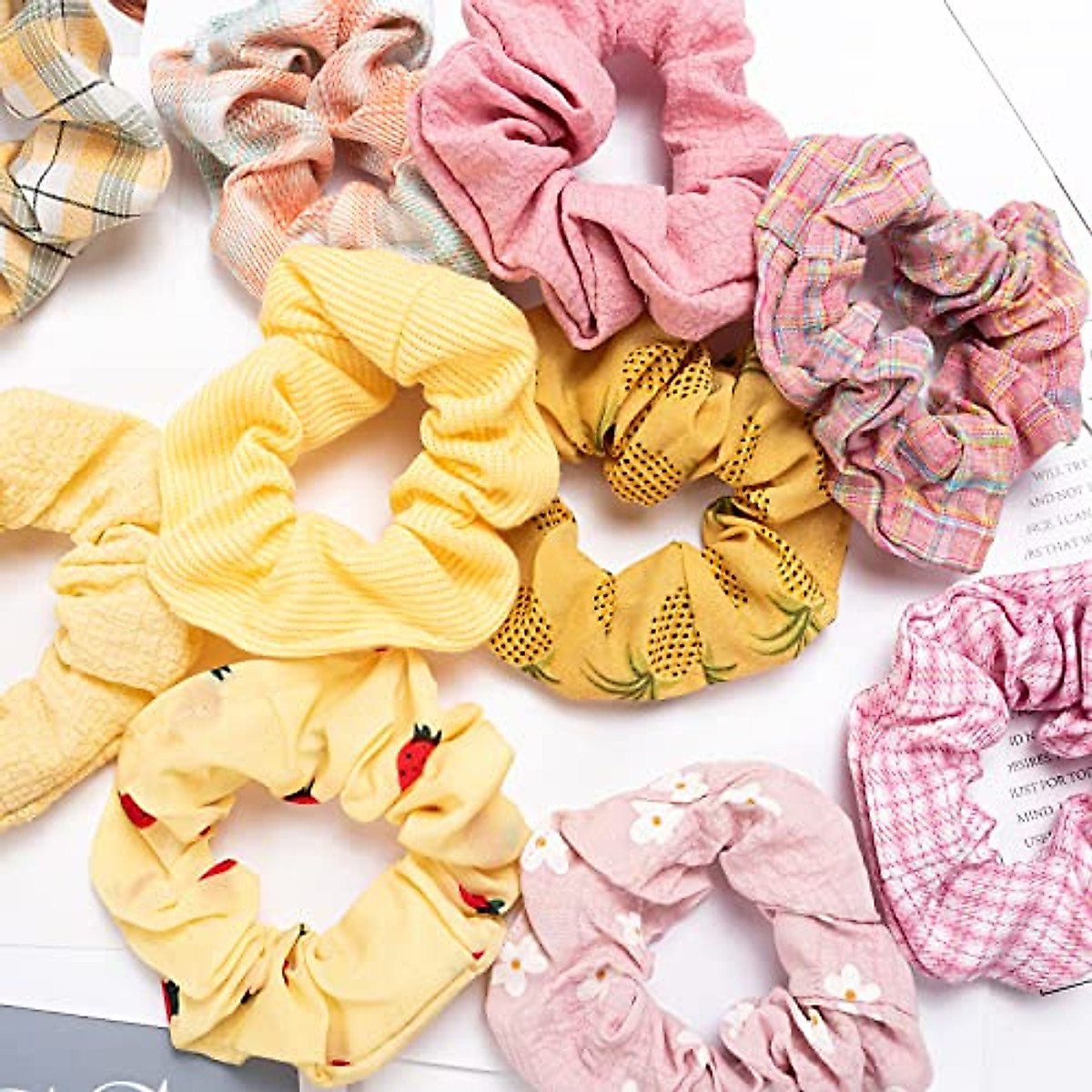 10pcs Cute Plaid Hair Ties Printed Hair Scrunchies Ponytail Holder Colorful Hair Elastics Bands Hair Accessories for Women Girls (Yellow)