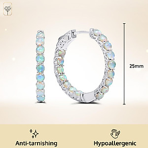 MAX + STONE Created Opal Inside Out Hoop Earrings for Women in 925 Sterling Silver 1 Inch Diameter and 3mm October Birthstone with Notched Post with Lock