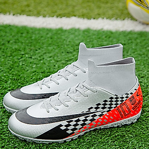 WINGFAI Men's Soccer Shoes Cleats Professional High-Top Breathable Athletic Football Shoes Outdoor/Indoor Professional Futsal Football Training Sneakers Silver 4 US