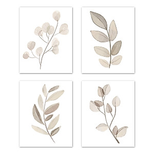 Sweet Jojo Designs Floral Leaf Wall Art Prints Room Decor for Baby Nursery and Kids - Set of 4 - Ivory Cream Beige Taupe White Gender Neutral Boho Watercolor Botanical Woodland Tropical Single Flower