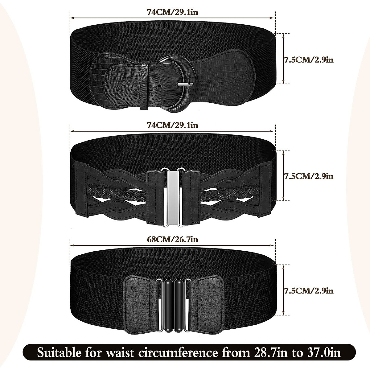 Geyoga 3 Pack Women's Wide Elastic Waist Belt for Dress Black Vintage Stretch Waistband Cinch Belt, 3 Styles, 28.7-37.0 in