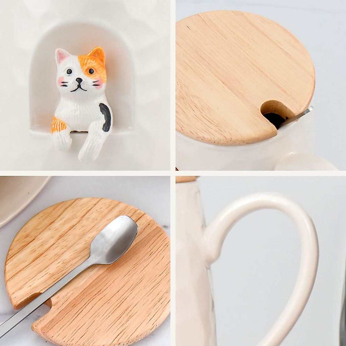 Mug Coffee Ceramic Cup Novel 3D Cat Pattern with Lid and Matching Spoon Cartoon Handmade Mug for Tea Milk Chocolate Juice Suitable for People Who Love Cats Small Animals (Cat side)