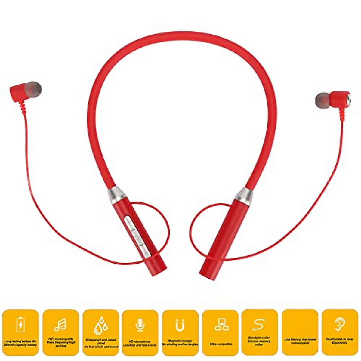 BT 5.2 Neckband Earbuds, Wireless Magnetic Headphones, IPX5 Waterproof Stereo Ergonomic Enhanced Bass Sports Earphone with Multi Functional Buttons for Exercising (Red)