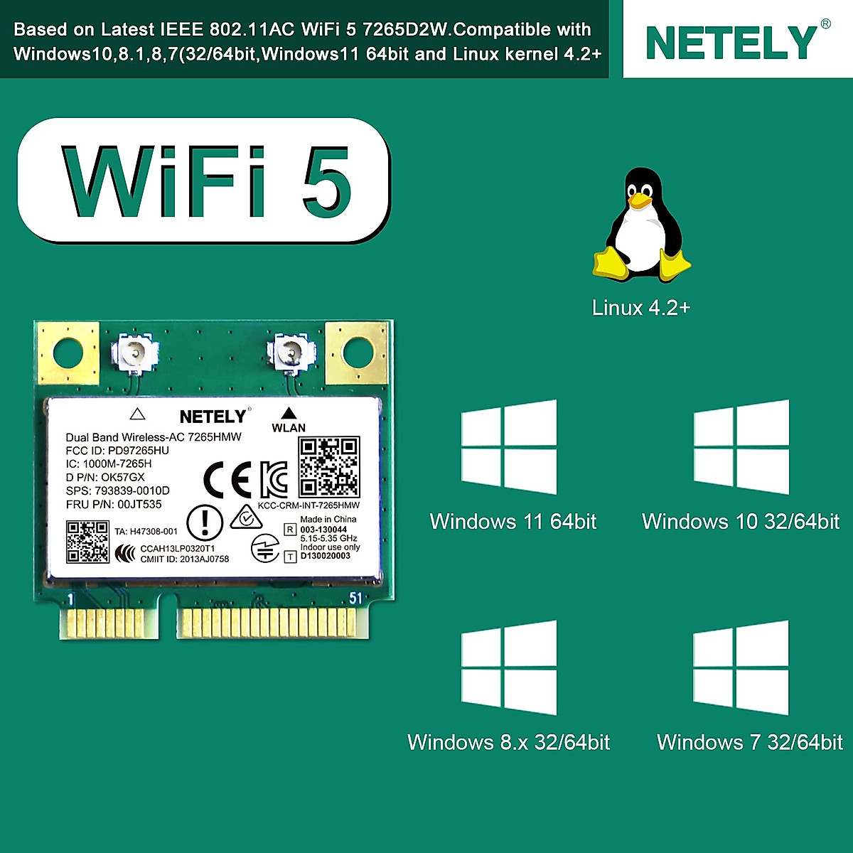 NETELY Wireless-AC 7265HMW Mini-PCIE Interface 1200Mbps WiFi Adapter with Bluetooth 4.2 for Windows 7,8.1,10,11 Laptop PCs and Desktop PCs, 2.4GHz 300Mbps & 5GHz 867Mbps, Intel Wireless-AC 7265D2W