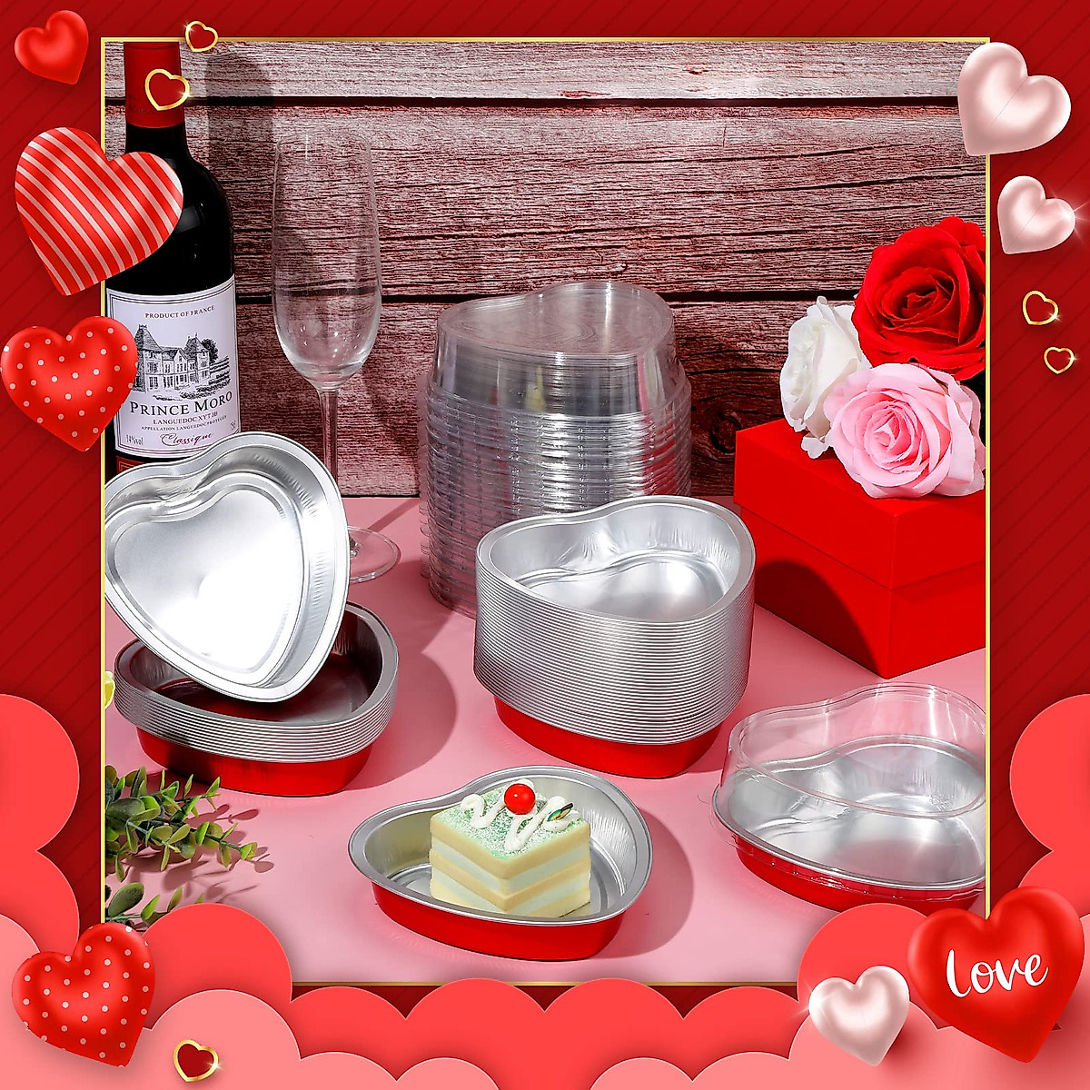 Yinkin 50 Set 9 oz Valentine's Day Heart Shaped Cake Pans 5.4 Inch Heart Aluminum Foil Cupcake Pans with Lids Disposable Dessert Baking Cups Pans for Valentine Wedding Birthday Muffin Pie(Red)