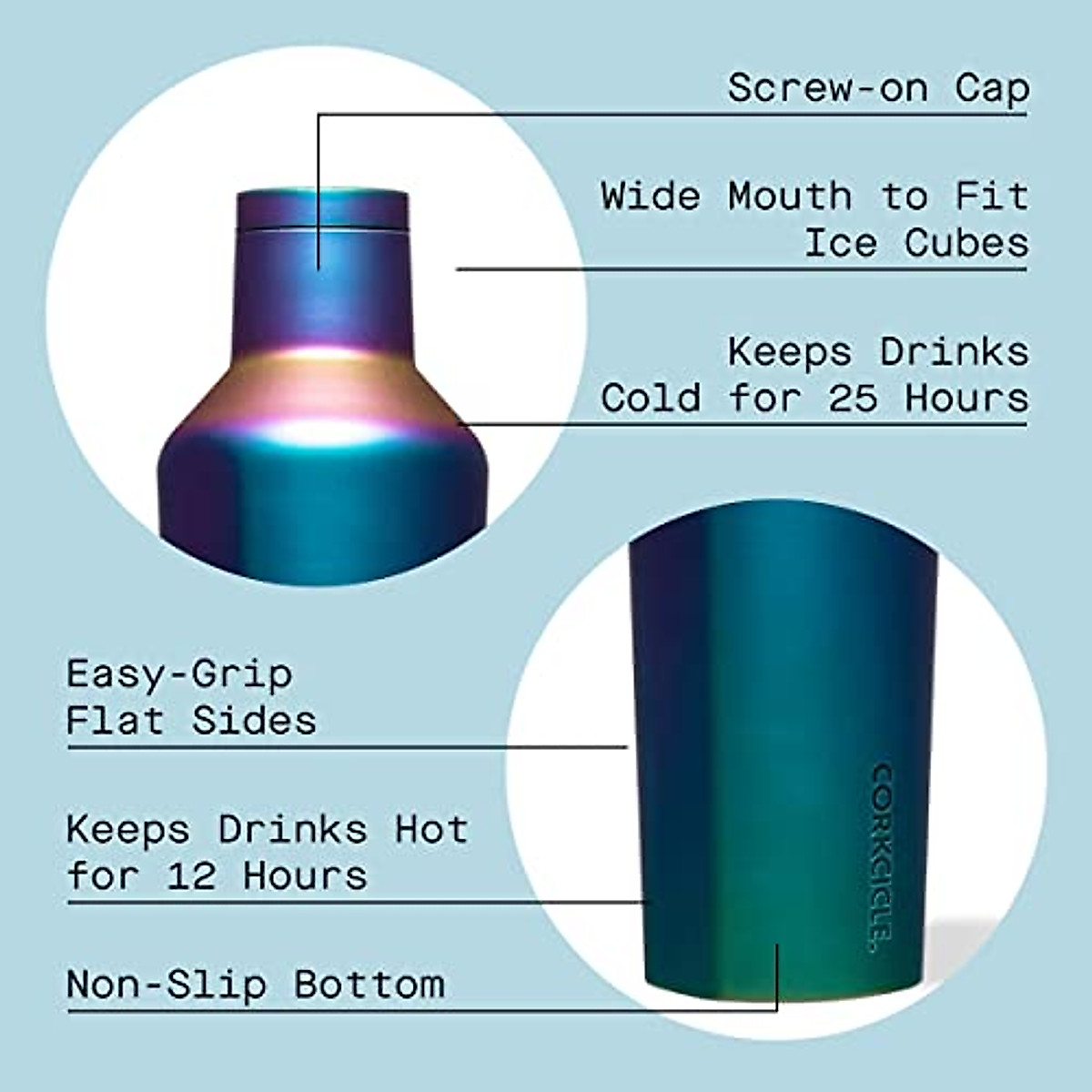 Corkcicle Insulated Canteen Travel Water Bottle, Triple Insulated Stainless Steel, Easy Grip Flat Sides and Screw-on Cap, Keeps Beverages Cold for 25 Hours or Warm for 12 Hours, 16 oz, Dragonfly