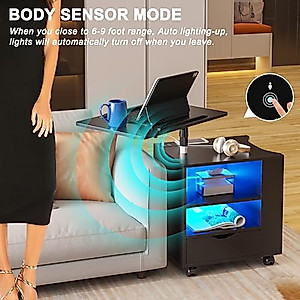 HNEBC LED Nightstand with Wireless Charging Station,Nightstand Has Adjustable Rotary Table,Bedside Tables with One Drawer and 2 Mezzanines/Infrared Induction 3 Color Lighting (On The Right)