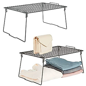 mDesign Farmhouse Metal Stackable Storage Shelf - Closet, Cabinet, Countertop 2-Tier Raised Organizer - for Bedrooms, Bathrooms, Entryways, Hallways - 17" x 12" x 8", 2 Pack - Graphite Gray