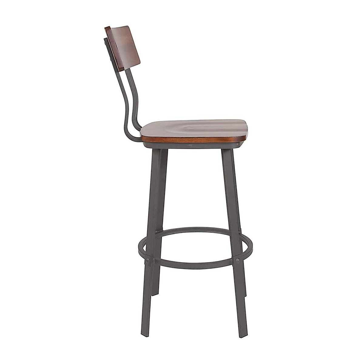 Flash Furniture Flint Series Rustic Walnut Restaurant Barstool with Wood Seat & Back and Gray Powder Coat Frame