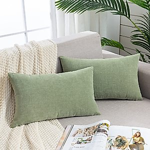 Lumbar Support Pillow Decorative Rectangle Throw Pillow Covers 12"x20" Inch Set of 2,Super soft Chenille Fall Pillowcase for Living Room Bedroom Sofa Couch Cushion Cover Green 30x50cm (No Insert)