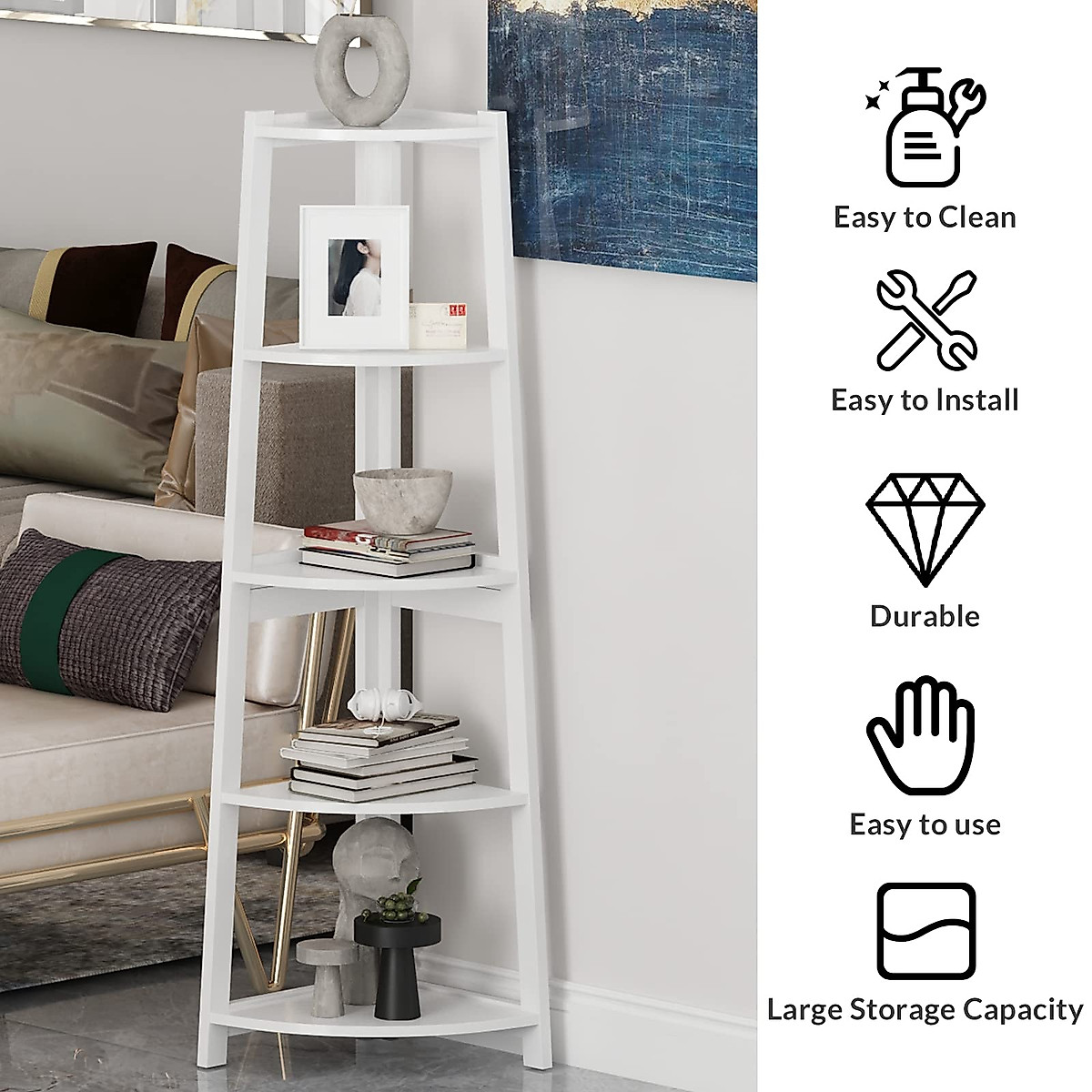 MEETWARM 5 Tier Corner Bookshelf Corner Ladder Shelf Small Bookcase Display Storage Organizer Stand Rack for Living Room Home Office and Kitchen (Coffee)